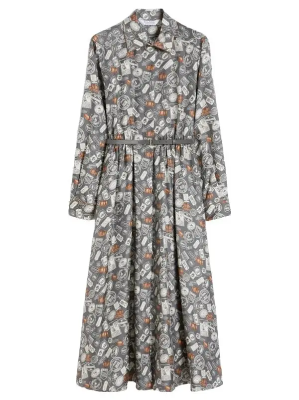 Max Mara Printed Collared Belted Dress - Medium Gray