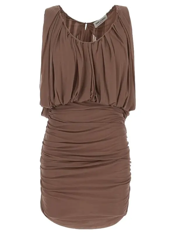 Saint Laurent Draped Sleeveless Mini Dress With Pendant Detail - Brown