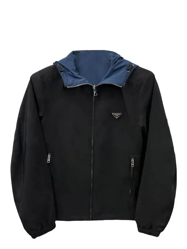 Prada Triangle Logo Hooded Zip-up Jacket - Black