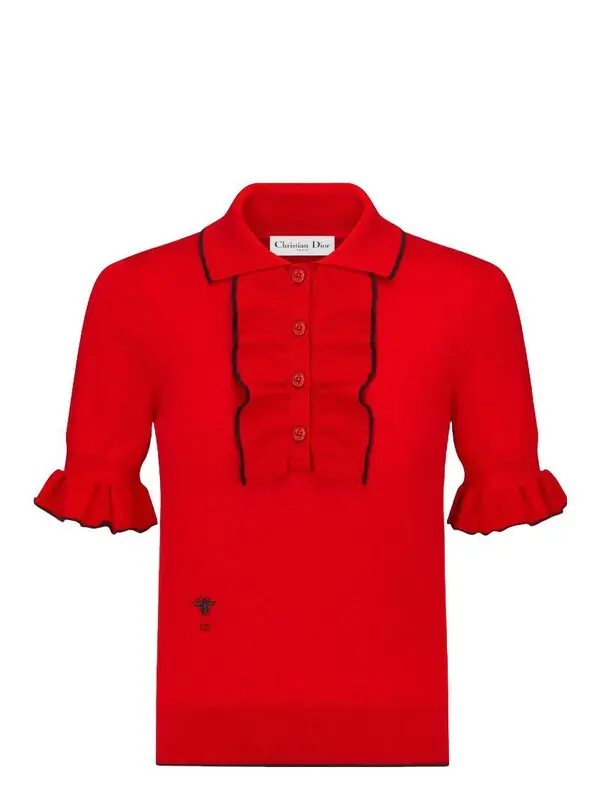 Dior Short-sleeved Knit Sweater With Ruffles And Bee Embroidery - Red