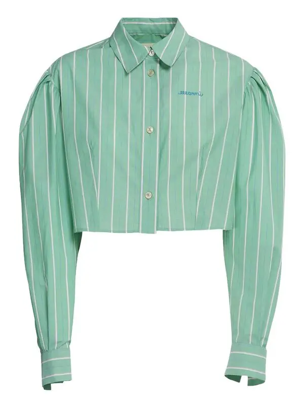 Marni Striped Cropped Shirt With Lapel And Embroidered Logo - Green