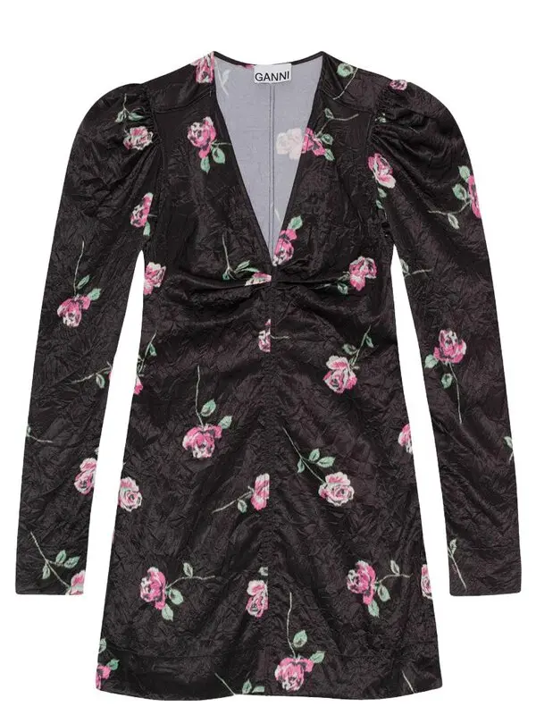 GANNI Floral Print V-neck Dress - Black