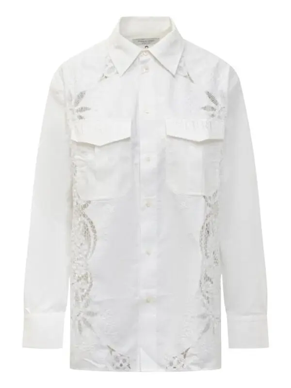 MARINE SERRE Embroidered Crochet Paneled Long Sleeve Shirt - White