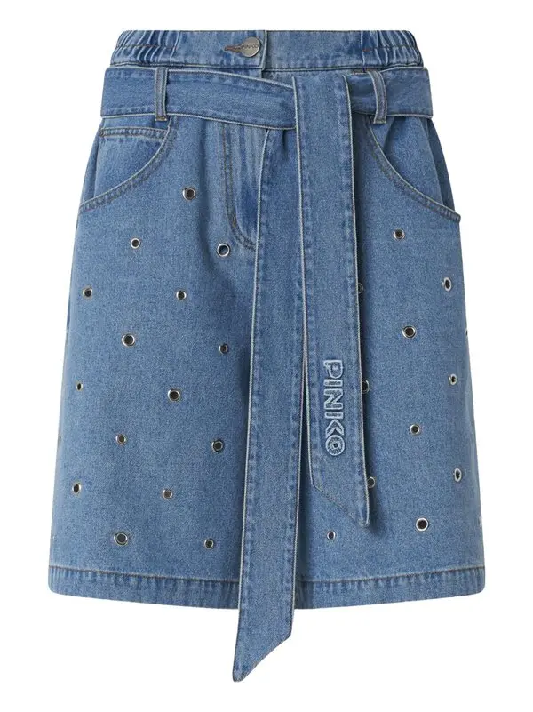 Pinko Belted Denim Shorts With Eyelet Detail - Blue