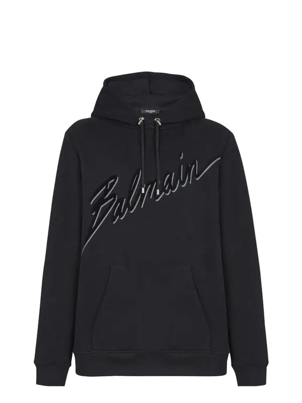 Balmain Flocked Logo Drawstring Hoodie - Black