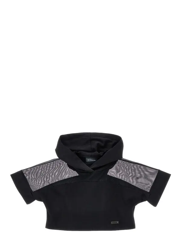 Monnalisa Sheer-trimmed Cropped T-shirt With Hood - Black