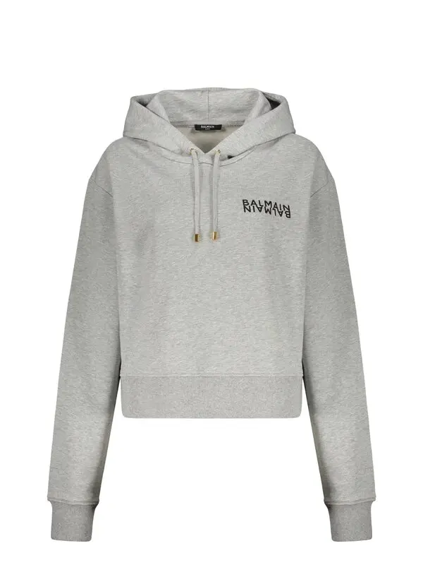 Balmain Logo Cropped Hoodie - Gray