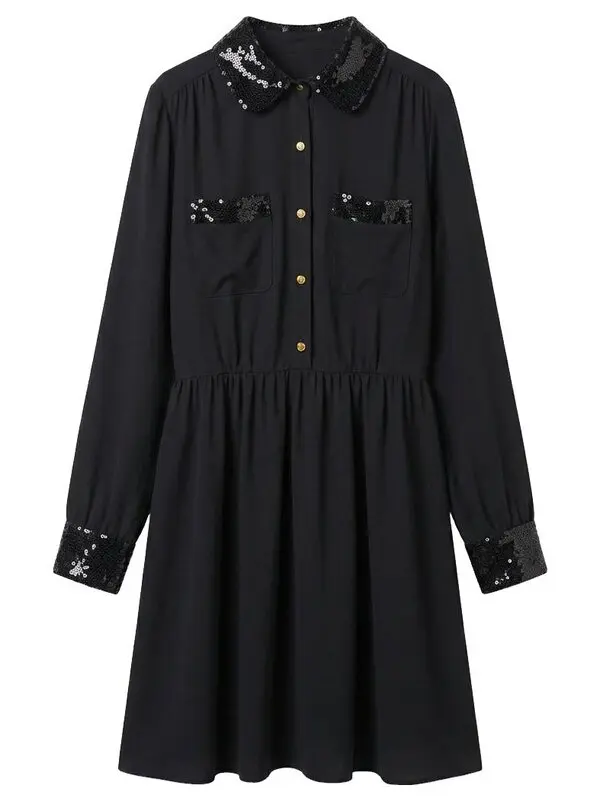 Celine Workwear Mini Dress In Viscose Sabl With Sequined Lapel - Black