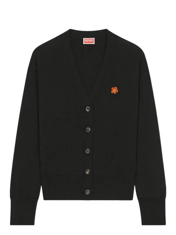 Kenzo V-neck Buttoned Knitted Cardigan With Boke Flower Badge - Black