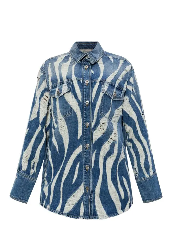 Blumarine Distressed Zebra Print Cotton Shirt - Blue