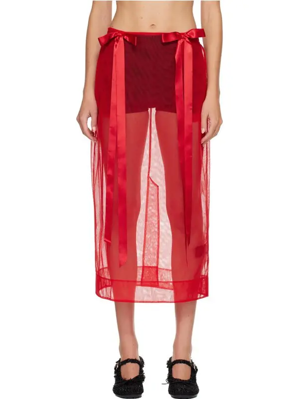 Simone Rocha Sheer Bow Ribbon Pencil Midi Skirt - Red