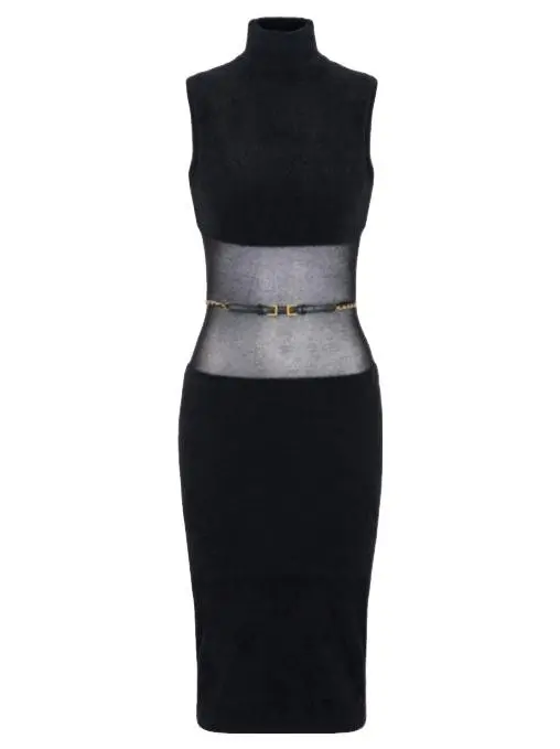 Elisabetta Franchi High-neck Sleeveless Knit Dress With Fur-effect Texture And Chain Belt - Black