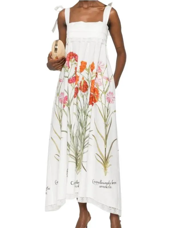 Alberta Ferretti Floral Print Maxi Dress With Lace Trim - White