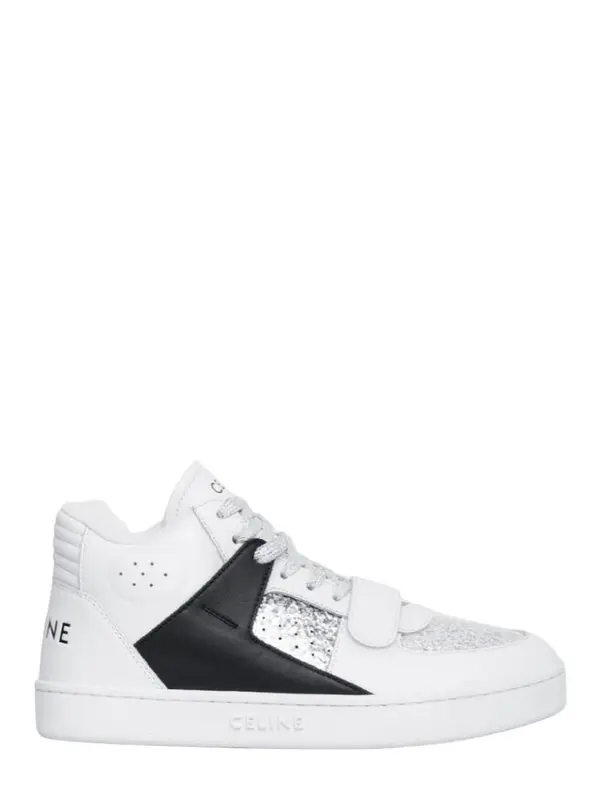 Celine Ct-02 Mid Sneaker With Scratch In Calfskin Patent Glitter - White