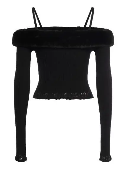 Blumarine Knitted Off-the-shoulder Sweater With Fur Trim - Black