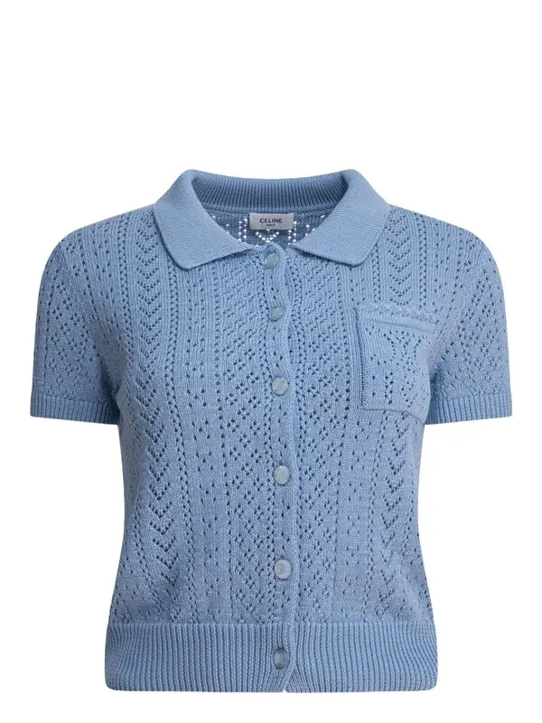 Celine Short-sleeved Knit Sweater With Lapel Collar - Blue