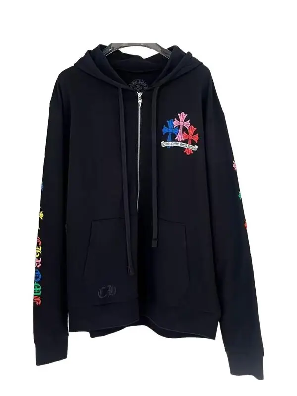 Chrome Hearts Long Sleeve Zip Up Hoodie With Embellished Cross Graphics - Black