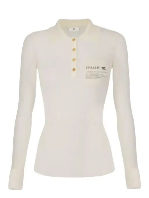 Elisabetta Franchi Ribbed Knit Polo Shirt With Chain Detail - White