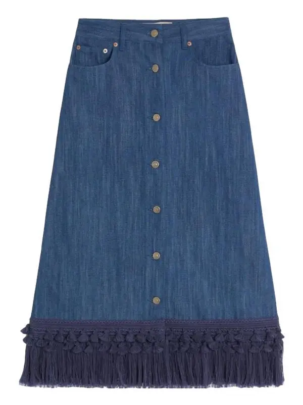 Valentino Garavani Denim Midi Skirt With Fringed Hem - Blue