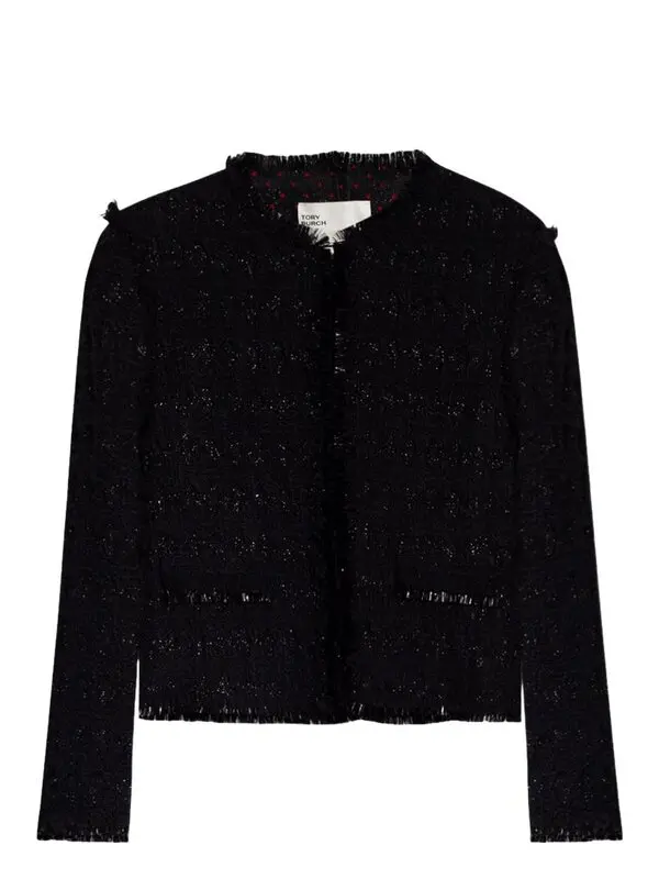 Tory Burch Tweed Roundneck Jacket With Tassel And Tulle Trim - Black