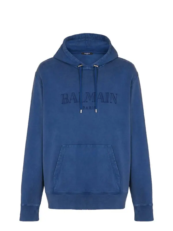 Balmain Logo Embroidered Hoodie - Navy Blue