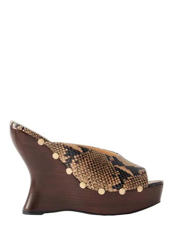 Magda Butrym Studded Snakeskin Leather Wedge Sandals - Brown