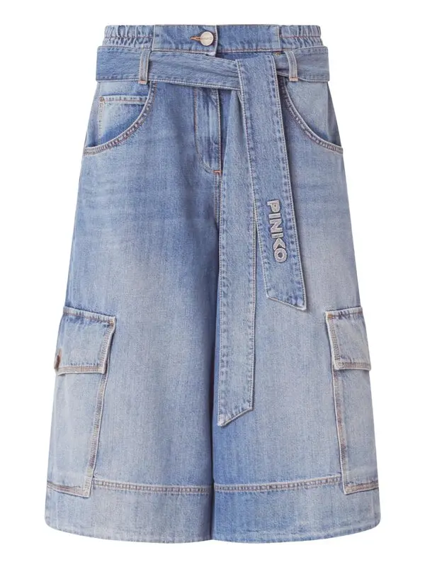 Pinko Denim Utility Belted Bermuda Shorts - Light Blue