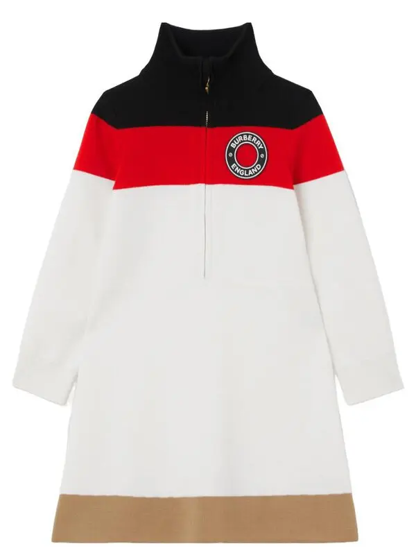 Burberry Color-block Wool Blend Knit Dress With Zip Front - White
