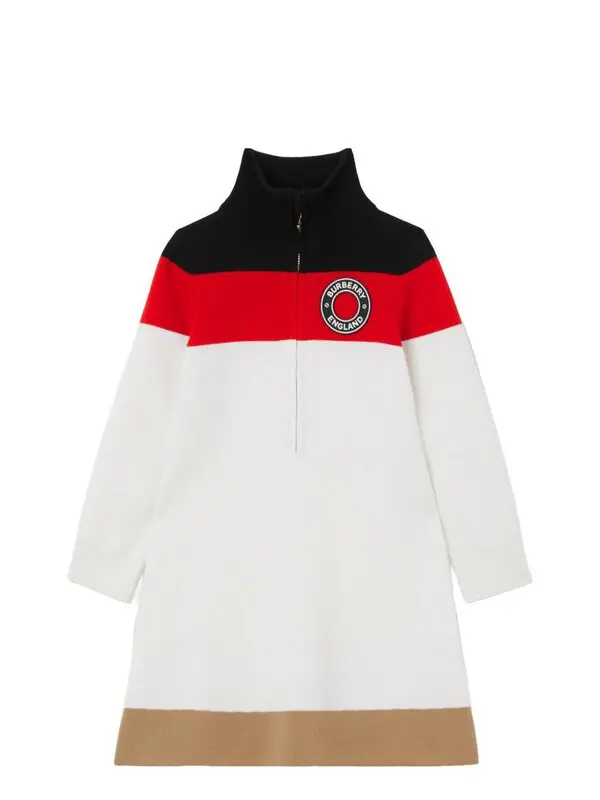 Burberry Color-block Wool Blend Knit Dress With Zip Front - White
