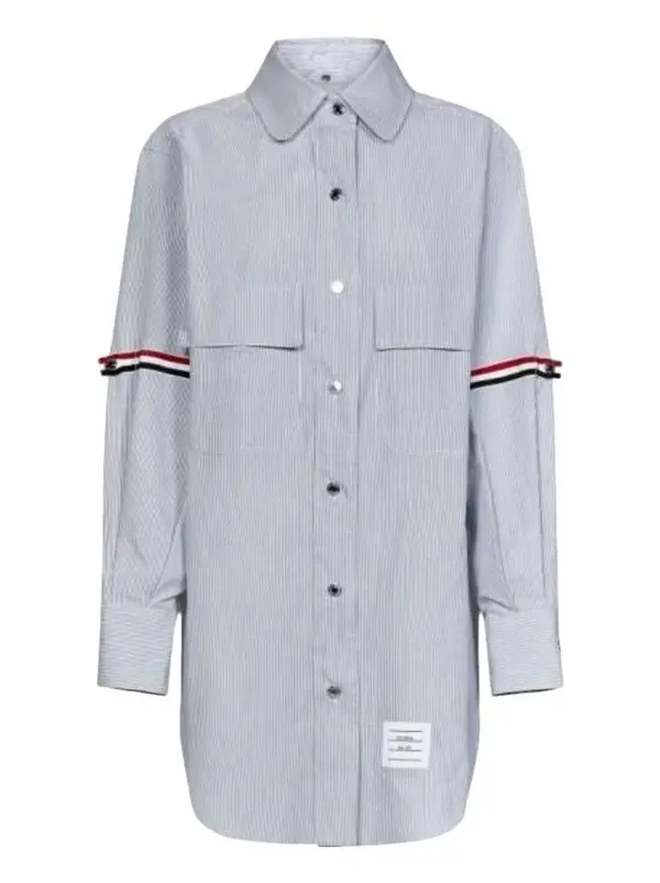 Thom Browne Striped Longline Button-up Shirt - Gray And White