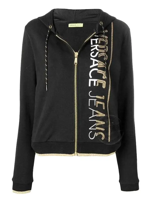 Versace Printed Logo Zip-up Hooded Jacket - Black