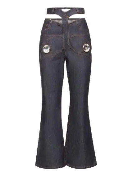 AREA Belt Ring Jeans With Crystal Embellishments - Black