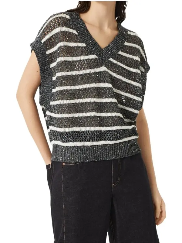 Brunello Cucinelli V-neck Knitted Vest With Sporty Stripes - Gray-blue