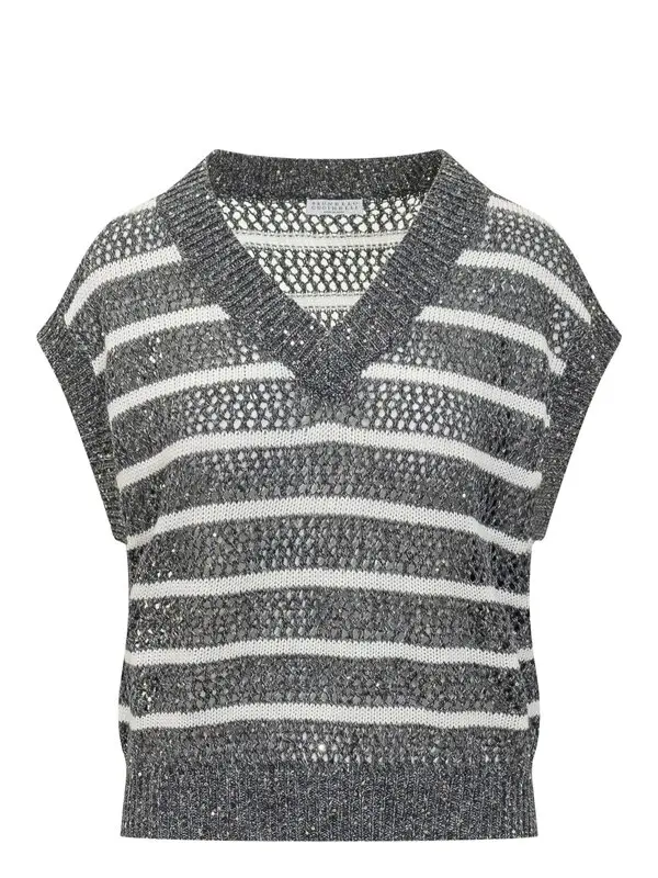 Brunello Cucinelli V-neck Knitted Vest With Sporty Stripes - Gray-blue