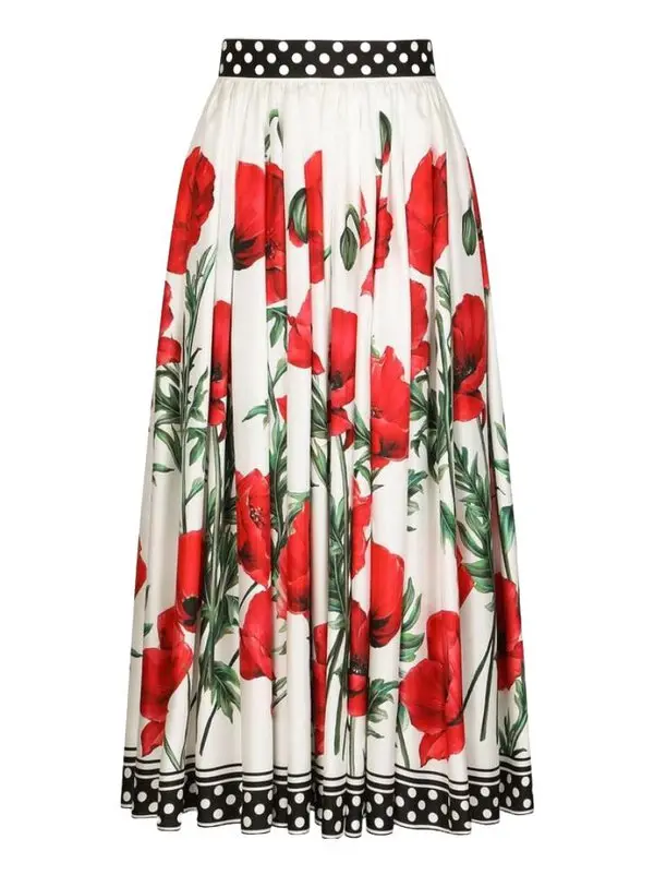 Dolce & Gabbana Poppy-print High-waisted Mid-length Skirt - Multicolor