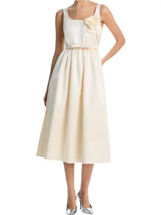 SELF-PORTRAIT Satin Flower Midi Dress - Cream