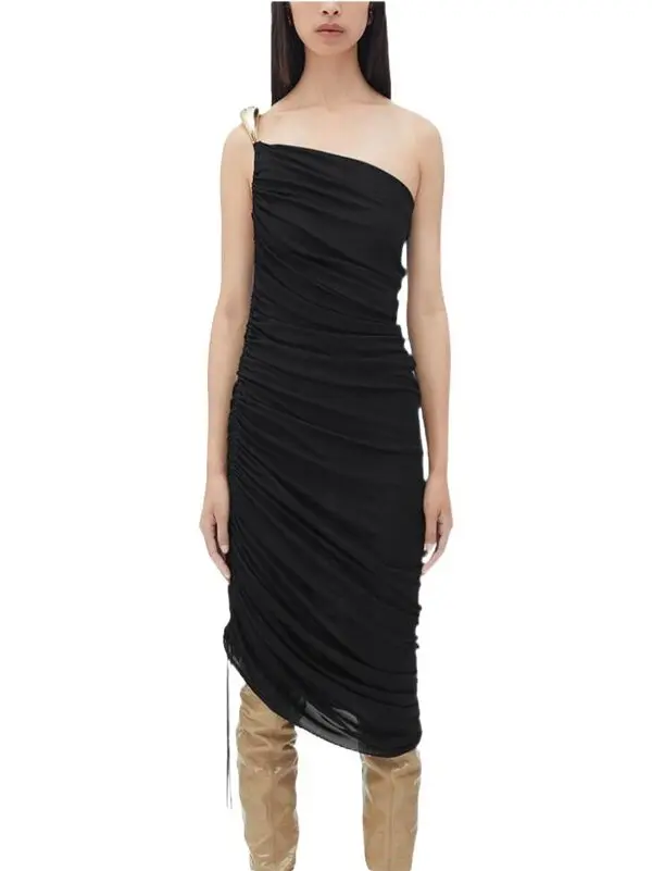 Bottega Veneta One-shoulder Midi Dress With Metallic Detail - Black
