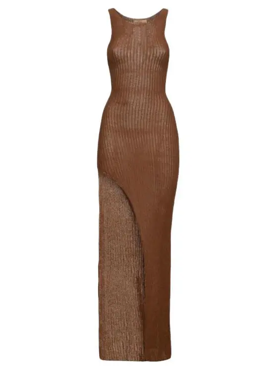AYA MUSE Knitted Long Dress With Side Slits - Brown