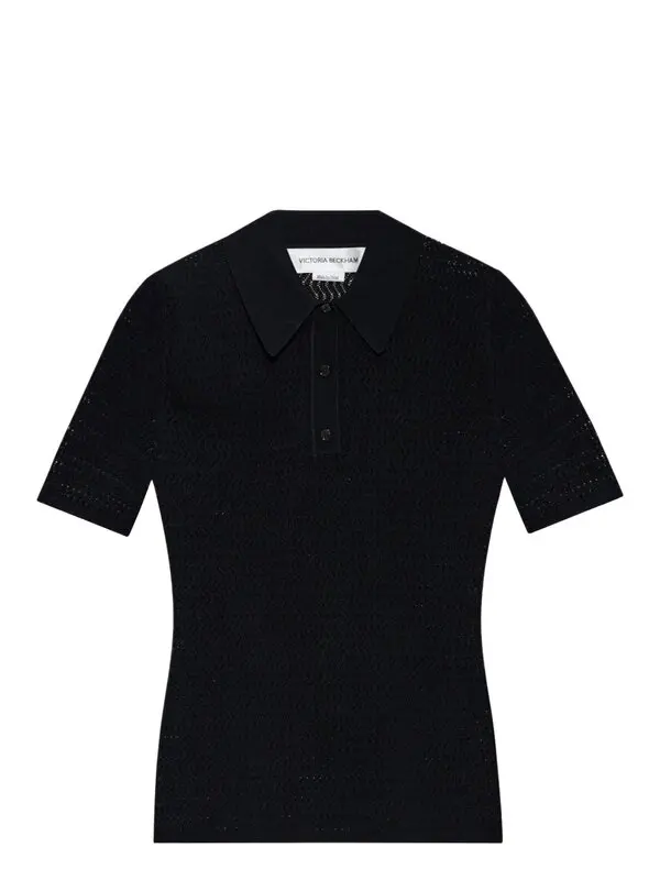 Victoria Beckham Perforated Knit Polo Top - Black