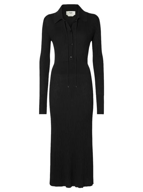 Fendi Ribbed-knit Long Sleeve Drawstring Midi Dress - Black