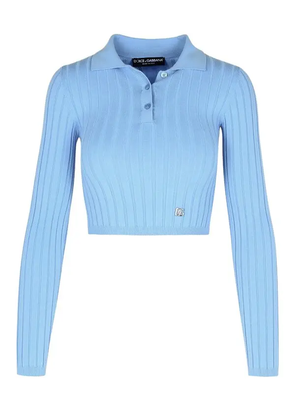 Dolce & Gabbana Ribbed Knit Cropped Polo Shirt - Blue
