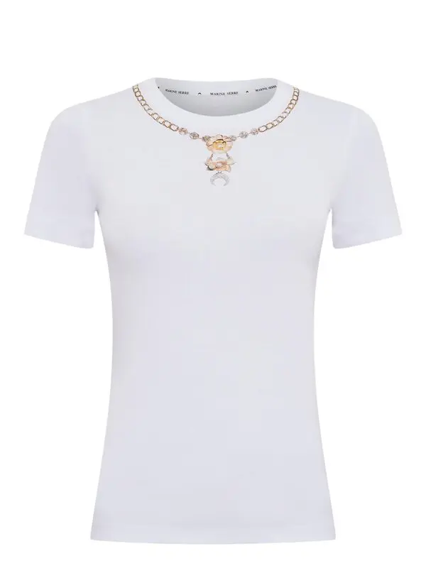 MARINE SERRE Short Sleeve Crewneck T-shirt With Embellished Necklace Detail - White
