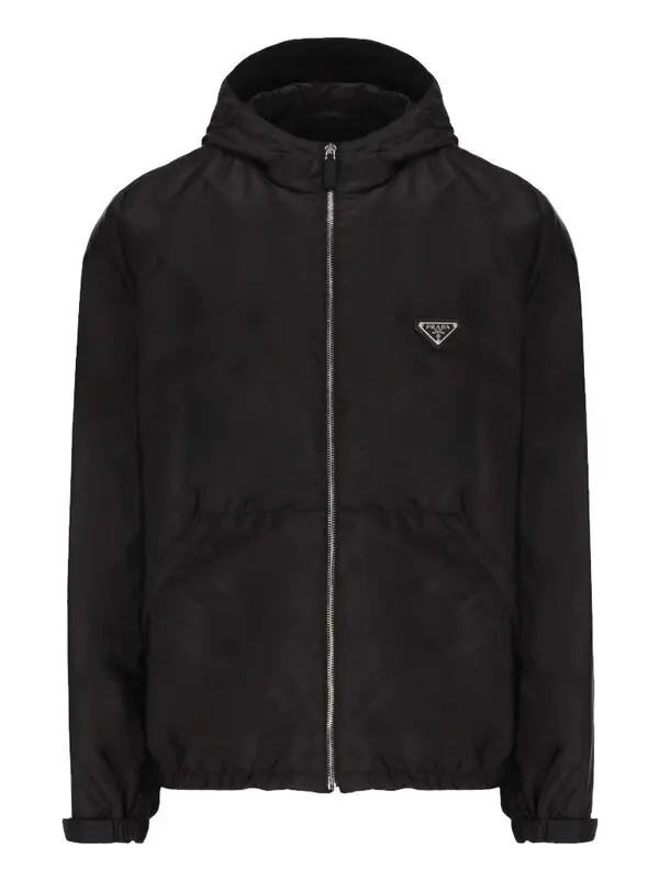 Prada Zip-up Hooded Jacket With Enameled Logo Plaque - Black