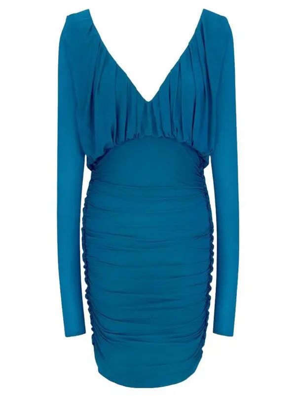 Saint Laurent V-neck Draped Long-sleeved Dress - Blue