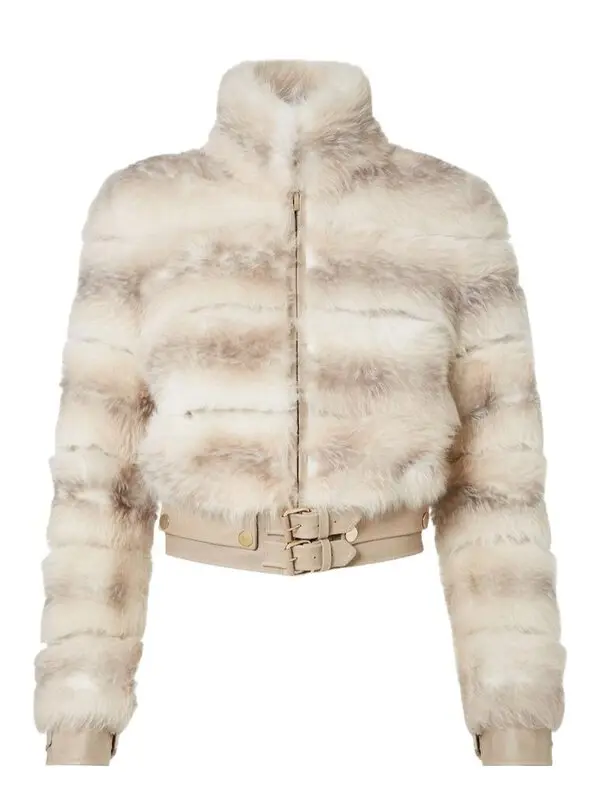 Fendi Shearling Cropped Jacket With Buckle Detail - White