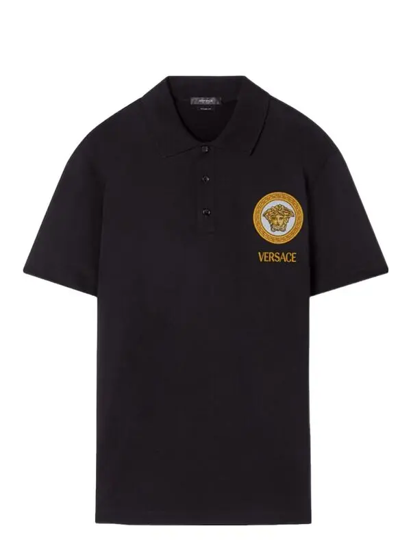 Versace Logo Embroidered Short-sleeved Polo Shirt - Black