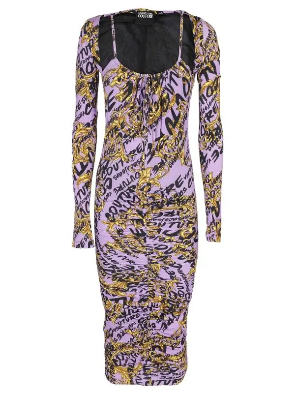 Versace Ruched Logo Printed Midi Dress - Multicolor