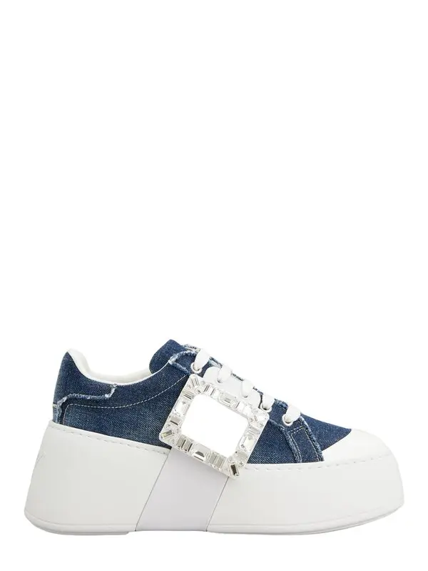 ROGER VIVIER Embellished Denim Sneakers - White, Blue