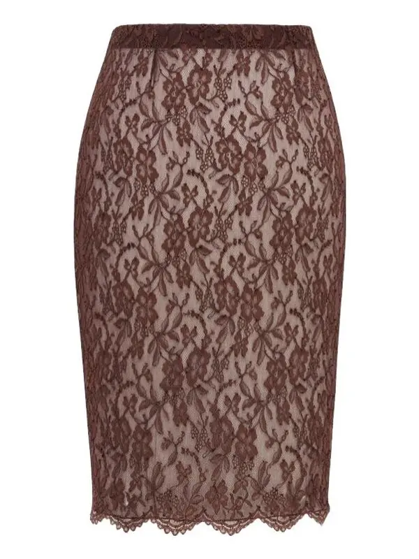 Saint Laurent Lace Detailed Pencil Skirt - Marron