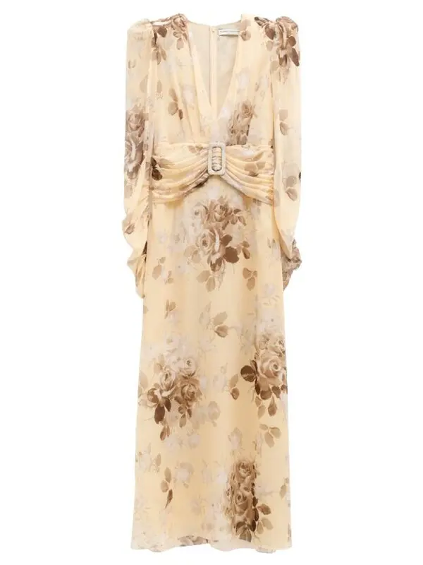 Alessandra Rich Floral Print Belted Silk Maxi Dress - Nude